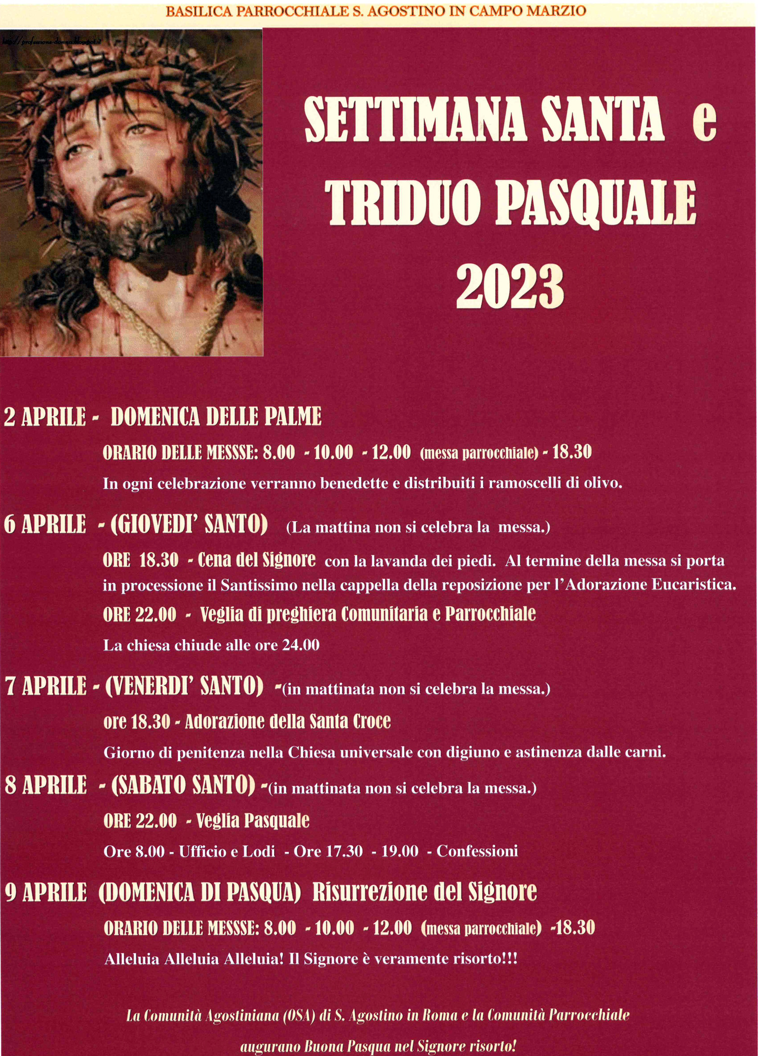 Il programma della Settimana Santa e Triduo Pasquale 2023 - Basilica di Sant'Agostino in Roma